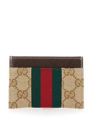 Gucci Beige Card Holder With Metallic Horsebit And Web Stripe In Fabric For