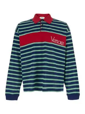 Versace Blue And Red Polo With Striped Motif And Logo Lettering On The Front In Cotton For - Multicolor