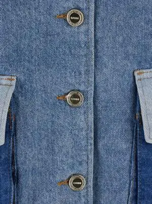 GANNI Denim Jacket With Fringed Collar And Patchwork Design - Multicolor