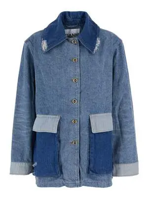 GANNI Denim Jacket With Fringed Collar And Patchwork Design - Multicolor