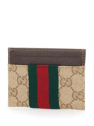 Gucci Beige Card Holder With Web Stripe And All-over Gg Motif In Fabric For