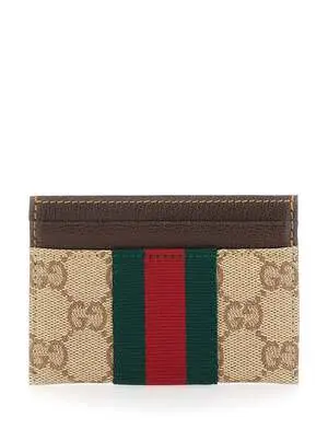 Gucci Beige Card Holder With Web Stripe And All-over Gg Motif In Fabric For