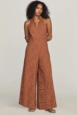 HANNAH LYNN Cotton Eyelet Halter Jumpsuit - Brown