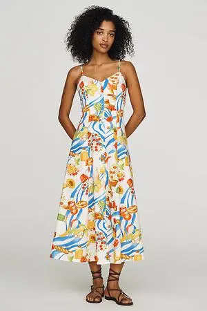 Moon River Printed Cotton A-line Dress - White Multi