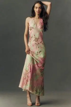 Bhldn Abstract Satin Halterneck Maxi Dress - Pink Pattern