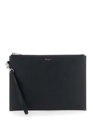 Saint Laurent Pouch With Logo Embossed On The Front In Black Leather For - Multicolor