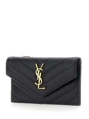 Saint Laurent Cassandre' Black Zip Card Case With Flap In Embossed Leather - Multicolor