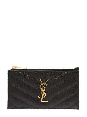 Saint Laurent Card Holder 'cassandre' With Zip And Crocodile-embossed Leather Logo Black - Multicolor