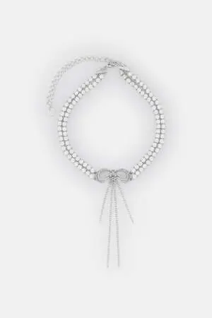 SELF-PORTRAIT Double Strand Crystal Bow Choker Necklace - Silver