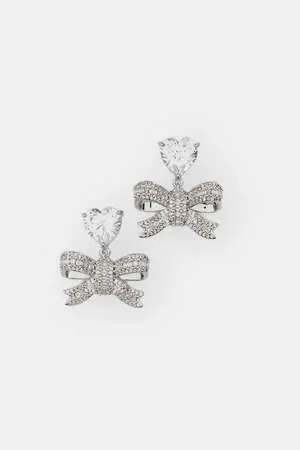 SELF-PORTRAIT Crystal Embellished Heart And Bow Earrings - Argento