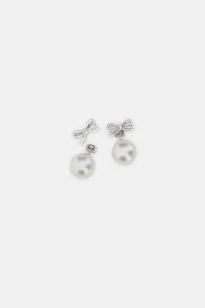 SELF-PORTRAIT Crystal Bow Earrings With Pearl Detail - Silver
