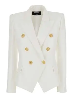 Balmain White Double-breasted Jacket With Peak Lapels And Logo Buttons In Fabric - Multicolor