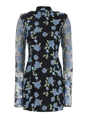 ROTATE BY BIRGER CHRISTENSEN Black Floral Motif High Neck Mini Dress With Sheer Sleeves - Multicolor