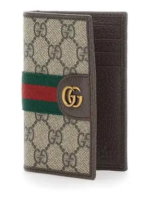 Gucci Wallet 'ophidia' With Gg Plate On The Front And Web Detail On The Front In Gg Canvas And Beige Leather For - Multicolor