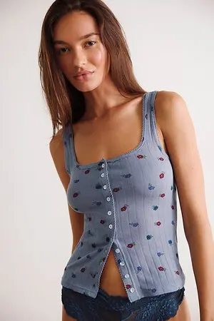Free People End Game Pointelle Printed Tank - Blue Combo