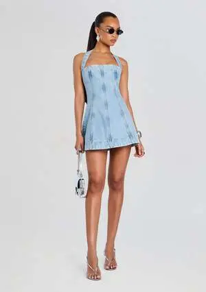 Retrofete Vivara A-line Mini Halter Neck Denim Dress