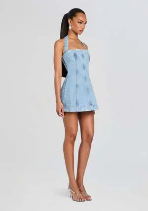 Retrofete Vivara A-line Mini Halter Neck Denim Dress