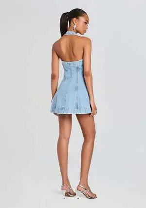 Retrofete Vivara A-line Mini Halter Neck Denim Dress