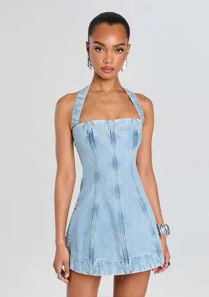 Retrofete Vivara A-line Mini Halter Neck Denim Dress