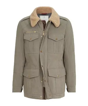 Brunello Cucinelli Waxed Techno-cotton Safari Jacket With Shearling Collar - Medium Gray