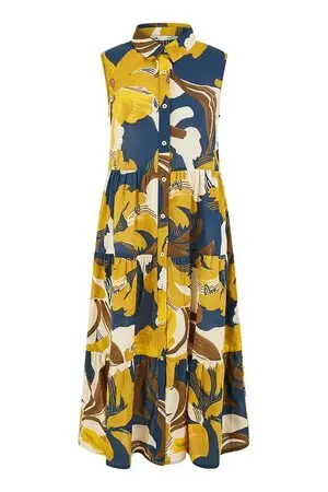 YUMI Sleeveless Collared Leaf Print Cotton Midi Shirt Dress - Blue