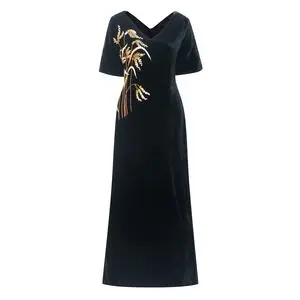 SILK AND BEARS Gold / Black Golden Harvest Hand-embroidered Silk Velvet Dress - Gold/black