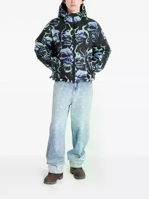WASTED Reversible Skull Print Puffer Jacket - Black