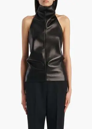 Khaite High Neck Halter Leather Top - Black