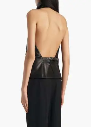 Khaite High Neck Halter Leather Top - Black