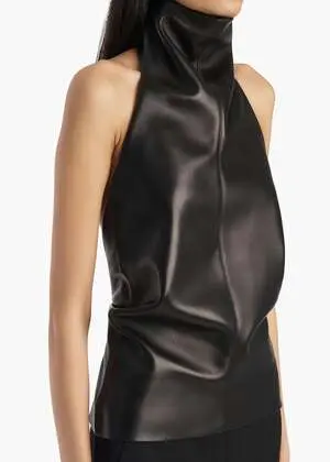 Khaite High Neck Halter Leather Top - Black