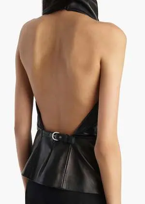 Khaite High Neck Halter Leather Top - Black