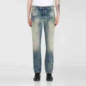DIESEL® Slim Fit Button Fly Jeans With Distressed Medium Wash - Blue