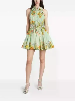 Hemant & Nandita Sleeveless Floral Print Belted Mini Dress - Green