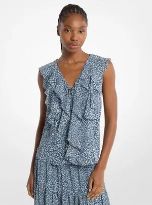 Michael Kors Ruffled Leopard Print Georgette Blouse - Blue