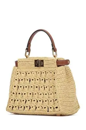 Fendi Peekaboo Mini Woven Raffia Bag With Leather Trim - Multicolor