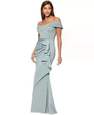 Xscape Scuba Off-the-shoulder Gown With Ruffled Detail