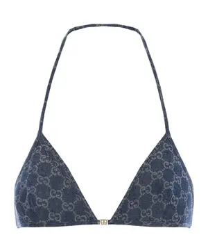 Gucci Gucci GG Denim Jacquard Triangle Bikini Top With Neck Tie Blue