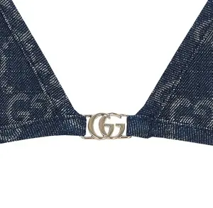 Gucci Gg Denim Jacquard Triangle Bikini Top With Neck Tie - Blue