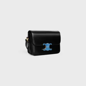 Celine Teen Triomphe Bag In Shiny Calfskin With Enamel Closure - Black