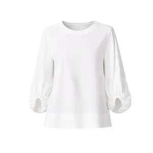SMART AND JOY Women's White Gathered Sleeves Minimalist Blouse