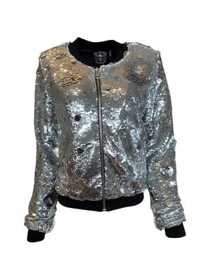 ANY OLD IRON Silver Sequin Bomber Jacket With 3d Floral Embellishments - Silver/black