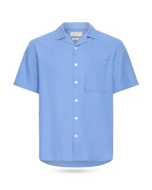 SOLID Linen Short Sleeve Button Up Shirt Exclusive - Blue Bonnet