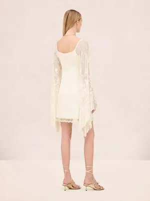Alexis Lidoria Mini Dress With Lace Sleeves And Fringe Trim