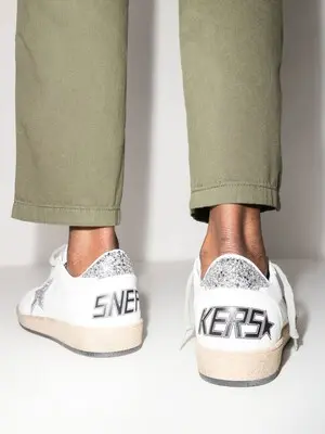 GOLDEN GOOSE Ball Star Leather Sneakers With Glitter Accents - Silver