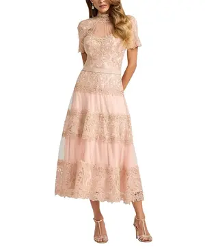 Tadashi Shoji Stelly Lotus Embroidered Tulle Midi Dress - Petal/gold