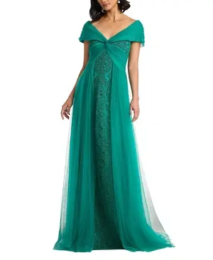 Tadashi Shoji Parello Lotus Embroidered Tulle Gown - Emerald