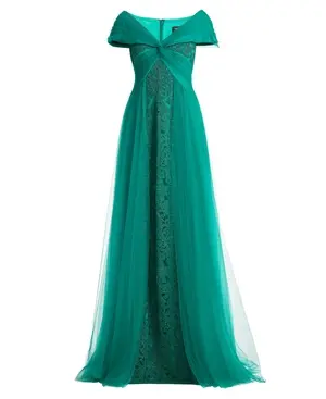 Tadashi Shoji Parello Lotus Embroidered Tulle Gown - Emerald