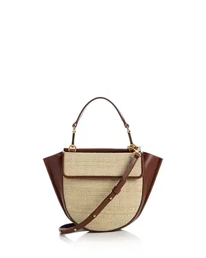 WANDLER Hortensia Mini Raffia & Leather Top Handle Bag - Beige