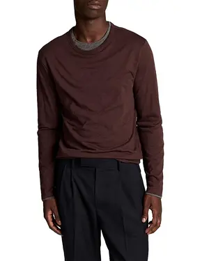 Vince Fine Slub Double Layer Long Sleeve Crewneck Shirt - Chocolate