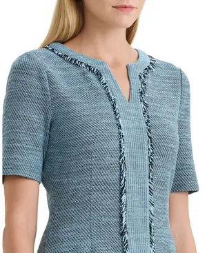 Ming Wang Tweed Knit Fringe Accent Sheath Dress